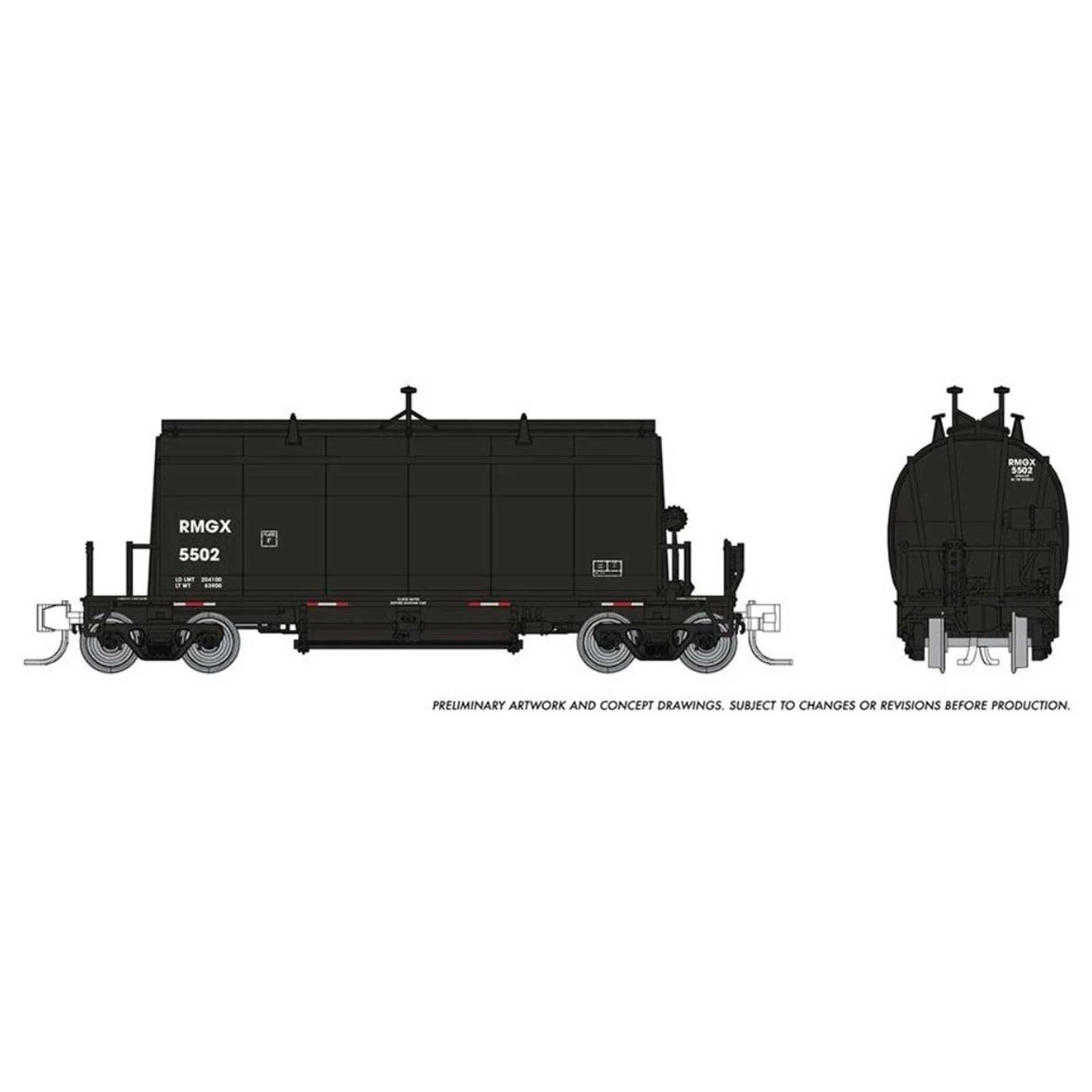 Rapido Trains Inc. N Long Barrel Ore Hopper, RMGX Black / Yellow