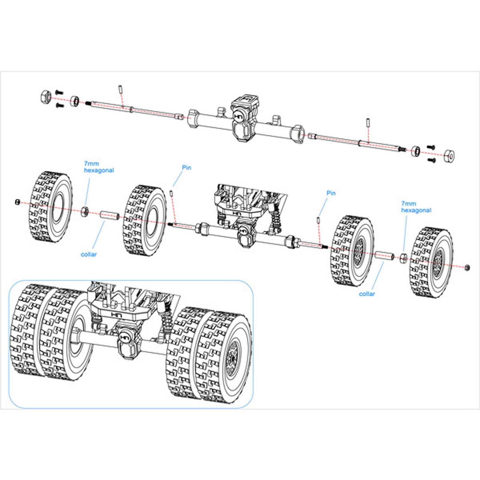 Hot Racing Dually Wheels Steel Drive Rear Axles: SCX24, AX24