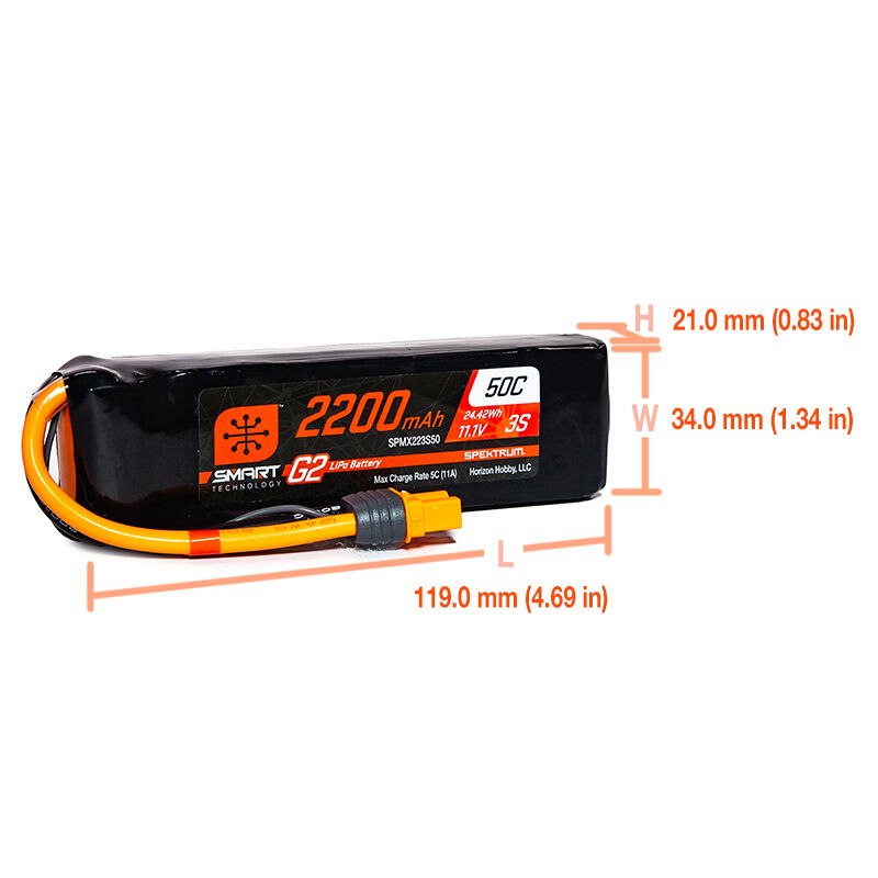 Spektrum Accessories 11.1V 2200mAh 3S 50C Smart G2 LiPo Battery: IC3