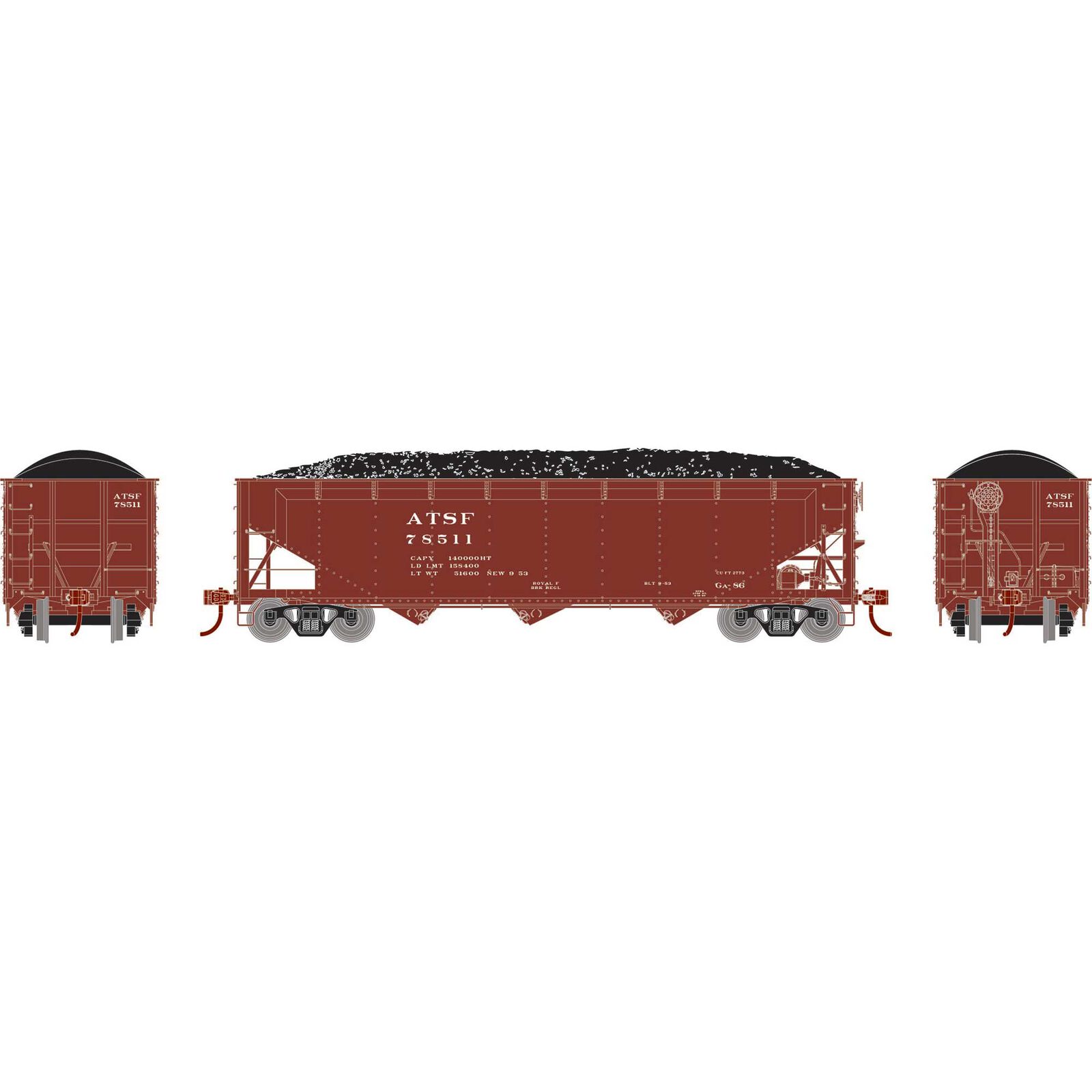 Athearn HO 40' Offset Coal Hopper with Load, ATSF #78511